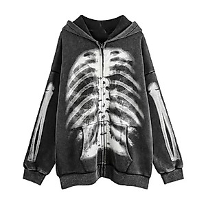 Karwuiio Women Men Zip Up Hoodie Y2k Vintage Graphic Oversized Sweatshirt Jacket Pullover Coats Gothic Streetwear (All Black, XL)