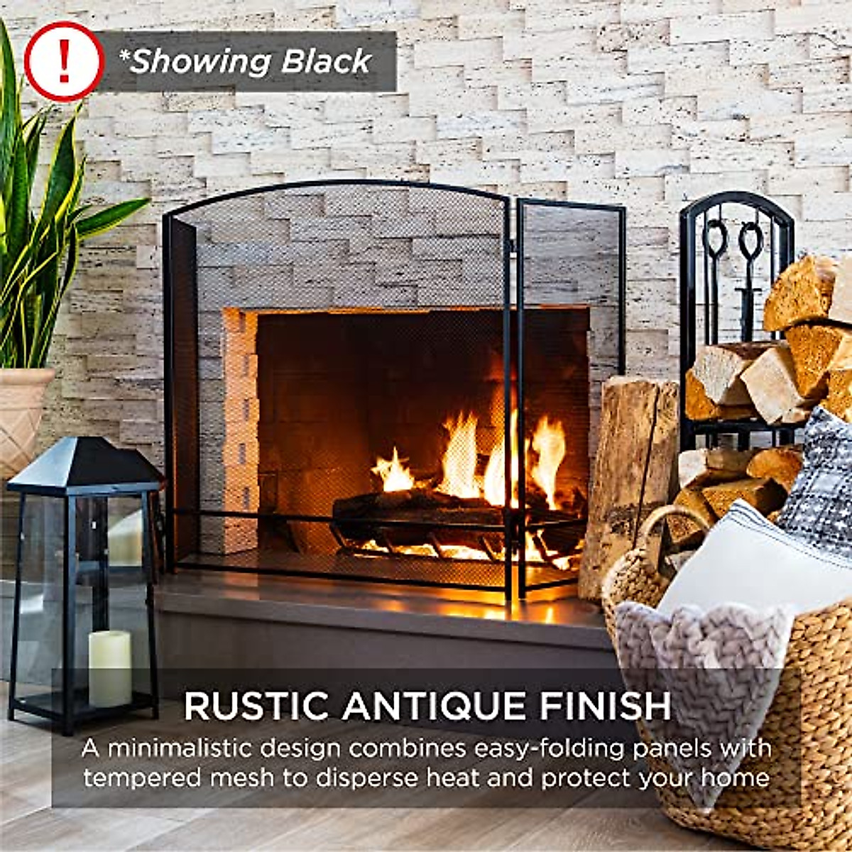 Best Choice Products 47.5x27.25in 3-Panel Simple Steel Mesh Fireplace Screen, Fire Spark Guard Grate for Living Room Home Decor w/Rustic Worn Finish - Black