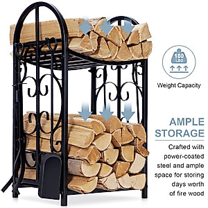 Sturdy Firewood Rack Fireplace Tools Set with 4 Fireplace Accessories Brush Shovel Poker Tong, Vertical Design 2 Shelves Log Storage Rack Holder, Holds a Great Amount of Wood Fireside Logs