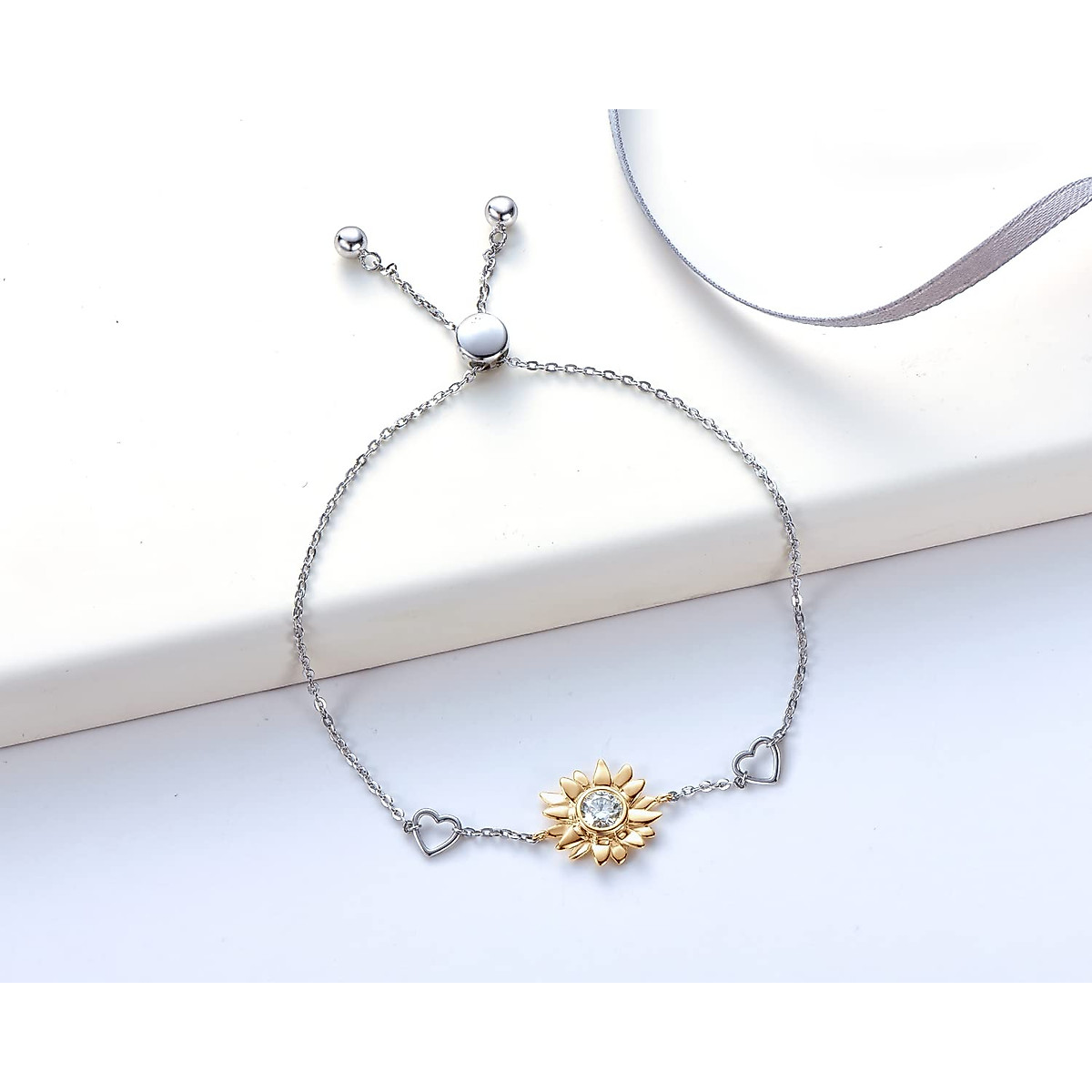 Sunflower Heart Bracelet for Women Sterling Silver Moissanite Diamond Adjustable Charm Bracelets Pulseras de Mujer White Gold Plated Jewelry Birthday Gifts for Her Mom Women Girlfriend Mama Wife
