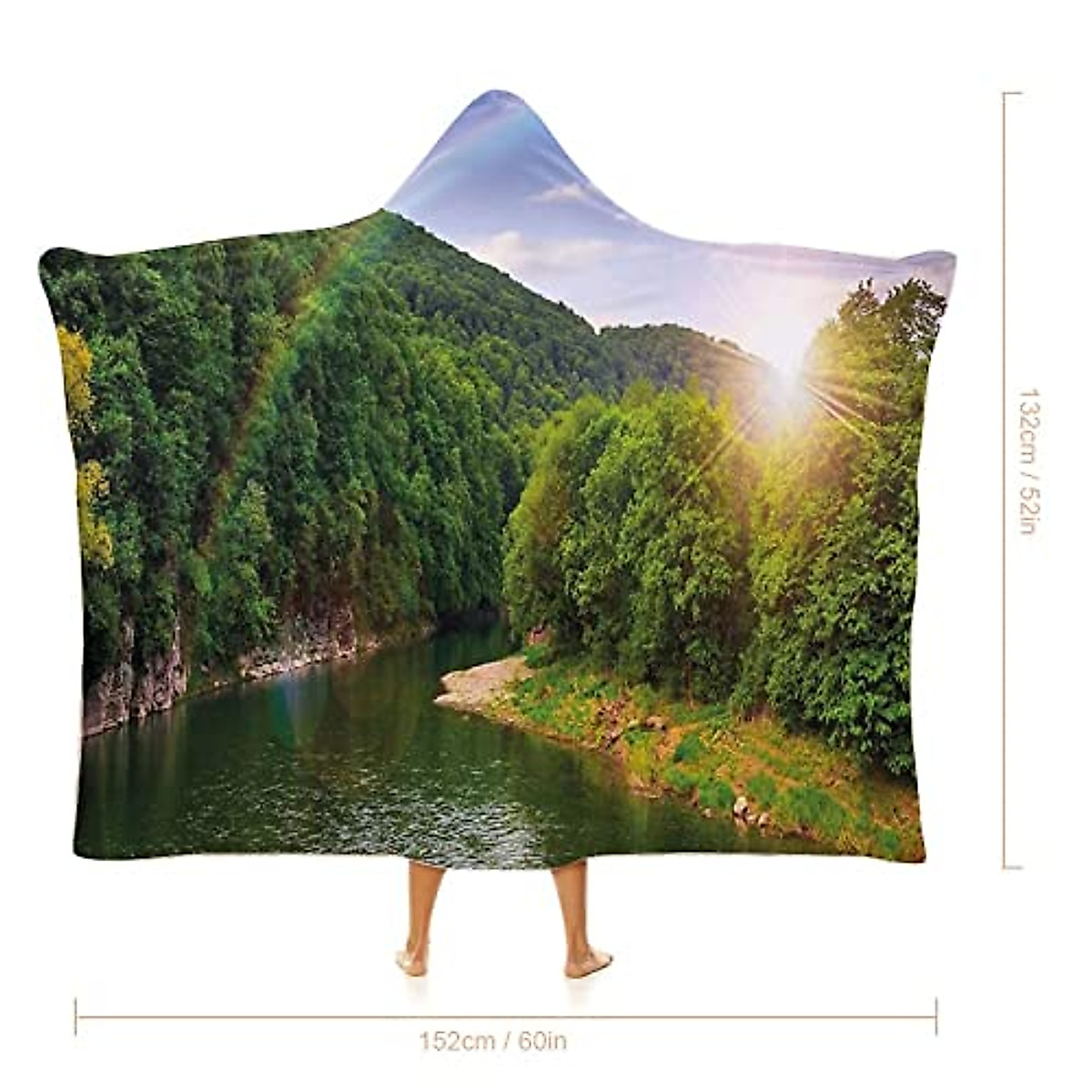 Hooded Blanket Poncho, Nature Wearable Hooded Blanket for Adults, Summer Scene by Mountain Valley with Rainbow Over The, Soft Warm Cozy, 40 x 50inches, Gifts for Women Adults Girls and Kid