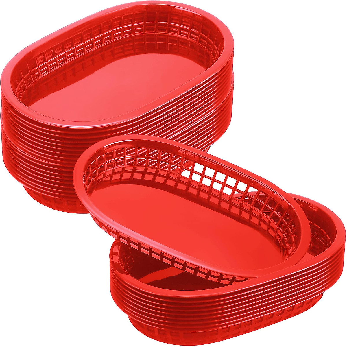 60 Pack Fast Food Baskets for Serving,10.5" x 7" Plastic Bread Baskets Oval Retro Storage Basket Bin Food Service Tray for Restaurant,Chip,Hot Dog,Burger,Sandwiches, BBQ, Picnic, Party (Red)