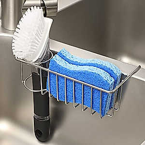 2 IN 1 SPONGE HOLDER, MOVABLE Kitchen Sink Caddy Sponge Holder + Brush Holder, Small In Sink Dish Sponge Caddy, 304 Stainless Steel, Hanging Kitchen Sink Organizer Accessories Rack Basket -No Adhesive