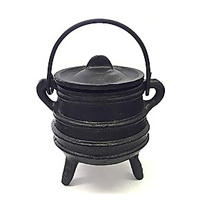 New Age Imports, Inc. Cast Iron Cauldron w/handle & lid, ideal for smudging, incense burning, ritual purpose, decoration, halloween decoration, candle holder, etc. (Ribbed Style 4" High, 2.25" Dia)