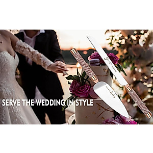 Wedding Cake Knife and Server Set, 420 Stainless Steel Rose Gold Cake Cutter and Pie Server Slicer, Rhinestones Studded Handle Cake Cutting Set for Wedding Gifts, Engagement Gifts for Groom and Bride