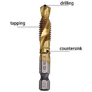 YDLQWCZ Combination Drill Tap Bit Set 6 Piece Hex Shank Quick Change HSS Titanium Coated Spiral Tap Drill Bit Include M3 M4 M5 M6 M8 M10 Spiral Screw Tap Set