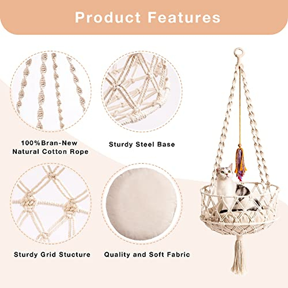 MEWOOFUN Hanging Macrame Cat Hammock Bed, Cat Swing Bed Space Saving Window Perch with Washed Cotton Mat & Funny Cat Toy for Indoor Cats