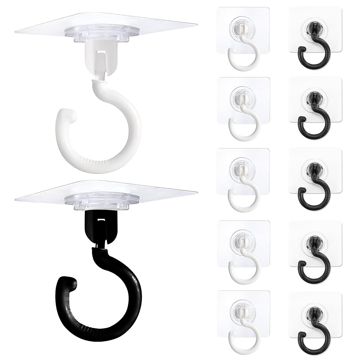 12Pcs Adhesive Ceiling Hooks Heavy Duty No Drill 360° Rotating, Swivel Utility Strong Self Sticker Wall Hook Sticky Under Cabinet for Hanging Purse Bag Small Plant Hanger, 3Inch Waterproof, BlackWhite