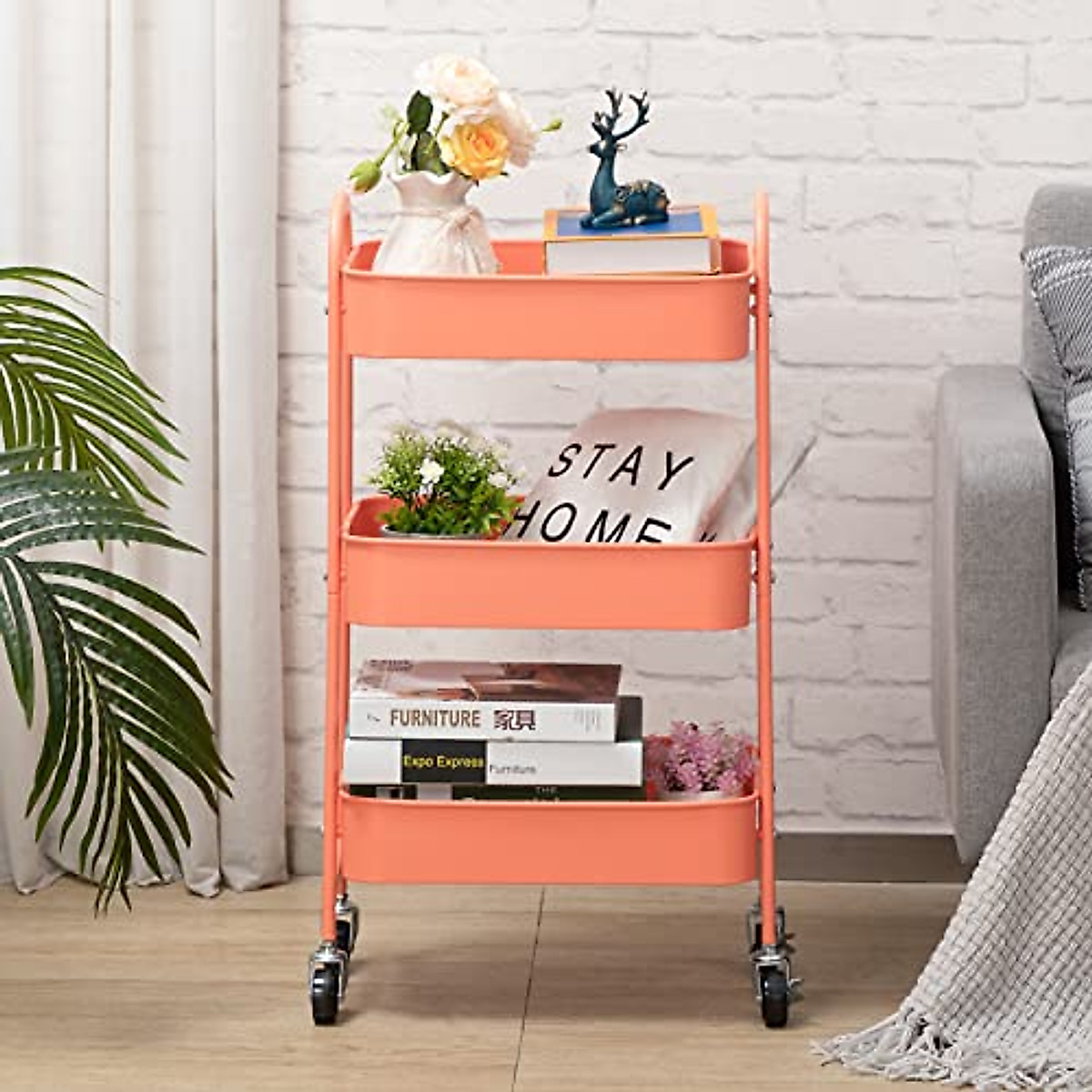 AGTEK Makeup Cart, Movable Rolling Organizer Cart, 3 Tier Metal Utility Cart with Lockable Wheels for Home & Office, Pink Orange