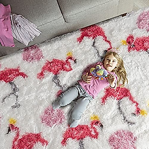 Keeko Premium Pink Flamingo Fluffy Area Rugs High Pile Printed Carpet, Flamingo Indoor Fuzzy Plush Girls Rug for Bedroom Kids Nursery Living Room Decor, 4×6 Feet Pink and White