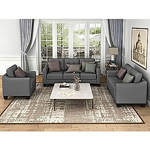 FANYE 3 Pieces Living Room Furniture Sets Include, Loveseat and Armchair, Linen Fabric Upholstered Sectional Classical Rivets Decor and Tufted Back Cushions, Retro Gray Sofa & Couch