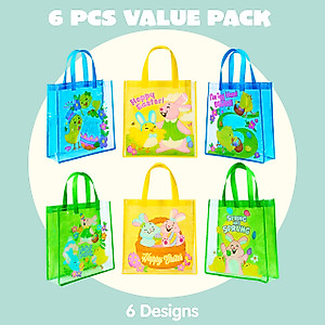 JOYIN 6 Pcs Easter Gift Bags, 13" x 13" x 4" Big Size Non Woven Easter Goodie Bags Party Treat Bags with Handles for Easter Egg Hunt, Reusable Easter Rabbit Bunny Bag for Kids Party Favor Supplies