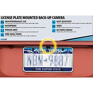 Voxx ACAM4 HD Wide Angle License Plate Mounted Backup Camera - Parking Lane Display Option - High Light Sensitivity for Nighttime Performance