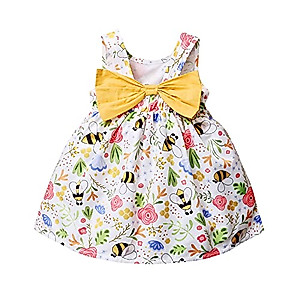 Toddler Girls Patchwork Bowknot Dress Bee Floral Prints Sleeveless Dresses Casual Soft Ruffle Swing Clothes (Yellow, 9-12 Months)