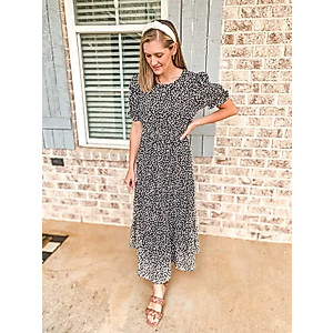 GRECERELLE Women Dress, Summer Casual Loose Crew Neck Boho, Leopard Dot Ruffle Puff Sleeve, High Waist Midi Beach Dress