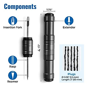 Tirellix Bike Tire Plug Kit – (Black) Tubeless Tire Repair Kit, Fix Flat or Puncture in Bicycle, MTB Motorcycle Tire, Portable Bike Tool Kit Includes Reamer, Insertion Fork, 5 pcs 1.5mm Tire Plugs