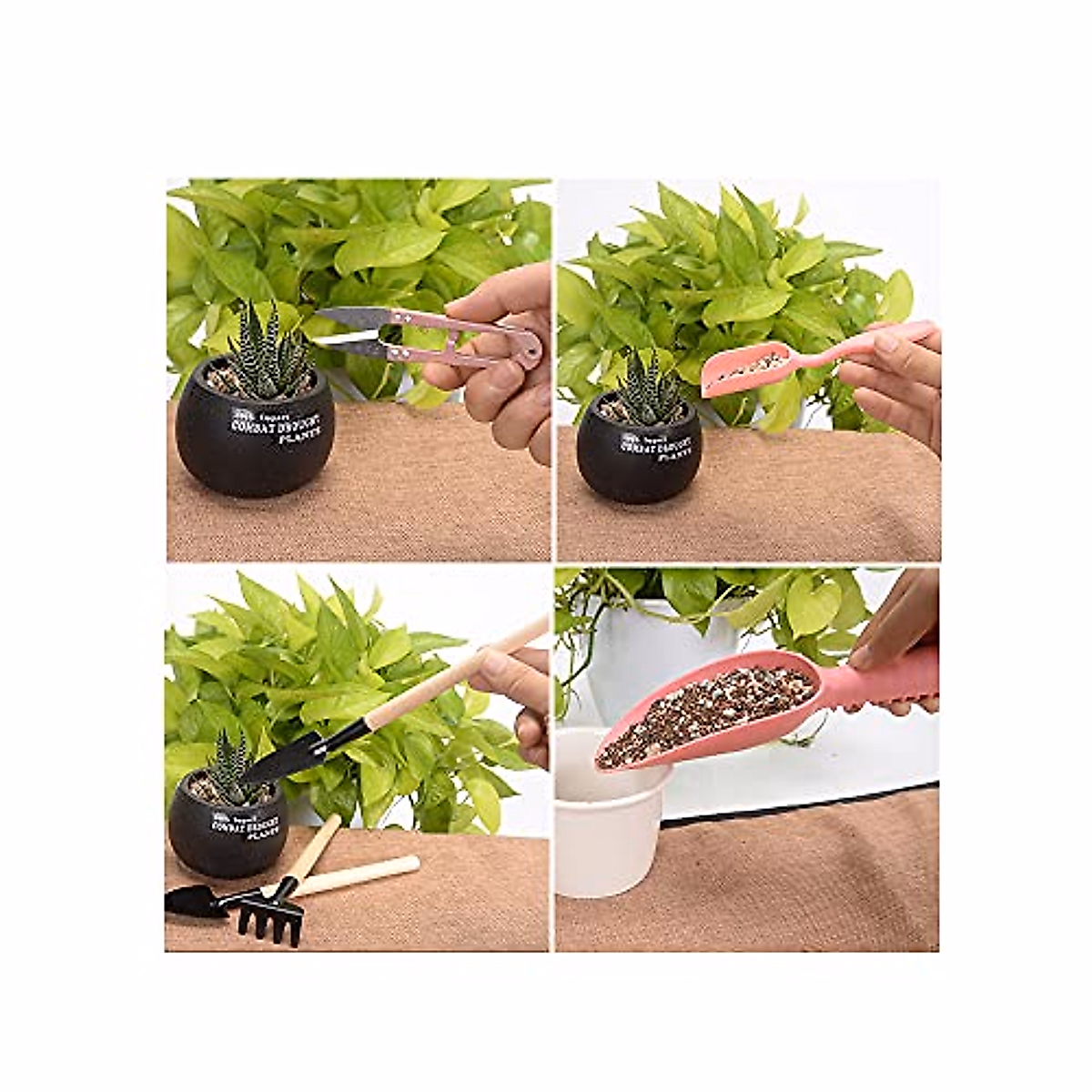 22 Pieces Succulent Planting Tools Kit, Mini Gardening Hand Tools Set - Potting,Cactus, Bonsai, Transplanting Tools + PU Nylon Gloves Coated Palm Anti-Static + Gardening Mat (Pink)_AB