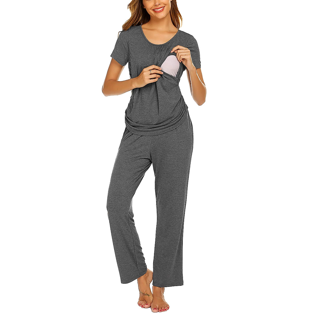Ekouaer Women Nursing Pajama Set for Breastfeeding Maternity Sleepwear Side Ruched Pregnant Tops with Long Pants Sets Dark Grey S