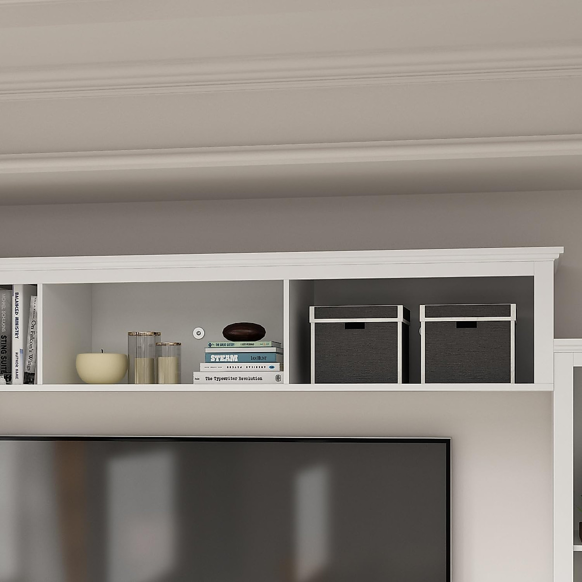 AIEGLE Entertainment Wall Unit Set with Bridge, Modern TV Stand with Glass Doors & Shelves, Large Console Table for TVs Up to 70", Living Room Storage Bookshelf Set, White (102" Wx14.6 Dx78.2 H)