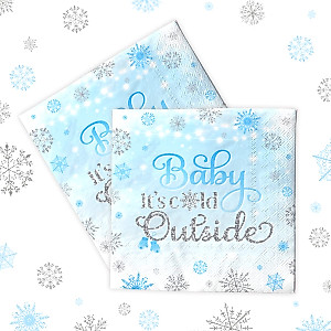 Baby It’s Cold Outside Baby Shower Decorations-40Pcs Blue Baby Shower Napkins Winter Wonderland Snowflake Frozen Paper Napkins Baby It’s Cold Outside Party Supplies for Boy (Blue)
