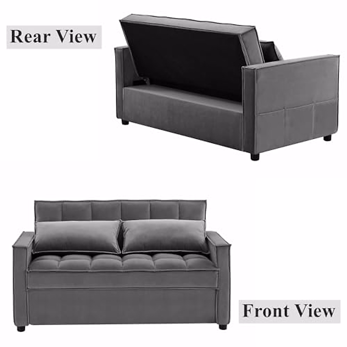 Gagawin Convertible Sofa Bed, 3-in-1 Pull Out Sleeper with 2 Pillows and Side Pockets, Soft Velvet Futon Loveseat Pull Out Bed Couch for Living Room, No.1-Gray