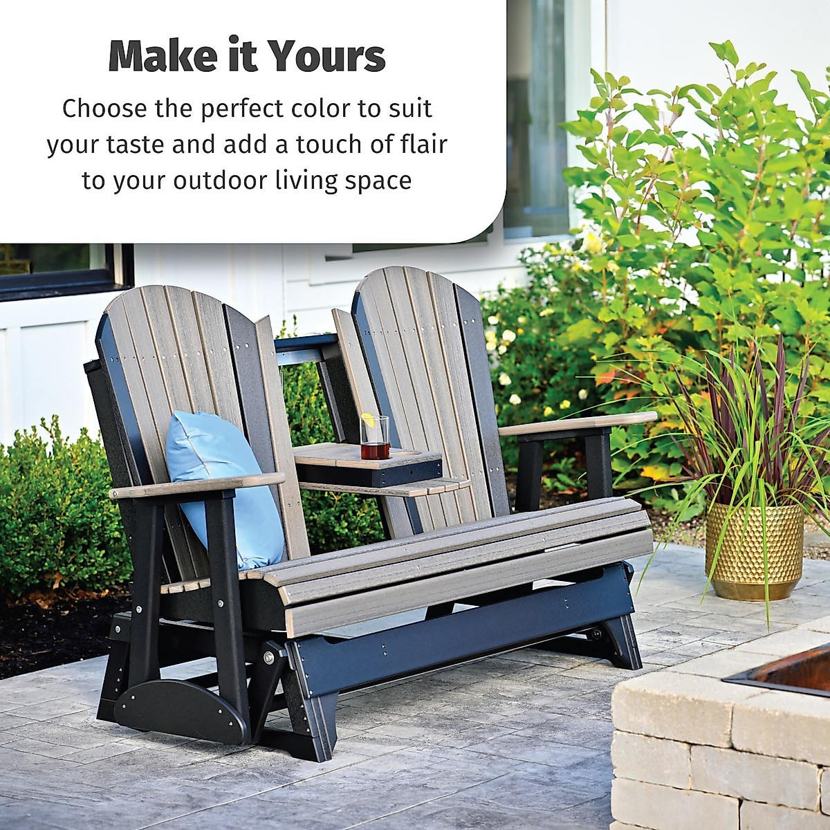 LuxCraft 5' Adirondack Double Glider Bench, 2 Person Glider Chair, Outdoor Glider Bench, Outdoor Loveseat Glider (Dove Gray on Black)