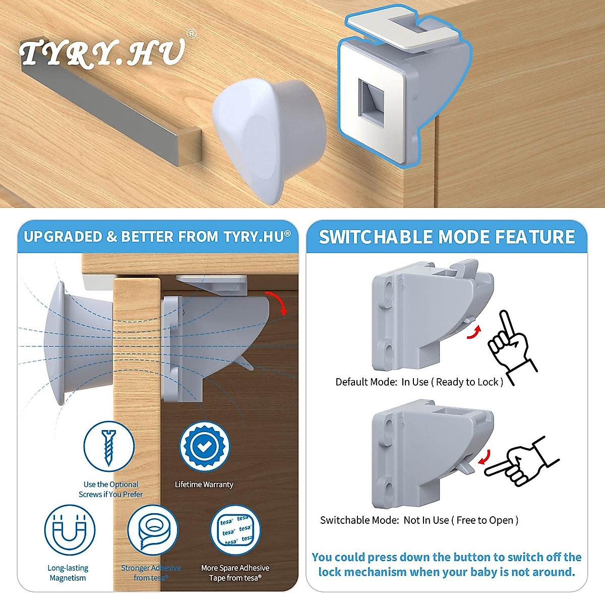TYRY.HU Magnetic Cabinet Locks for Children Proofing;Invisible Child Safety Cupboard Lock Set for Cabinet and Drawer to Protect Baby Kids Home Safety (2 Locks and 1 Key)