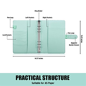 Sooez A5 Notebook Photocard Binder, 6 Ring Planner, Stylish Loose Leaf Personal Organizer Cover with Magnetic Buckle, PU Leather Binder Women with Macaron Colors (Mint Green)