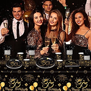 170 Pieces 30th Birthday Party Supplies Disposable Party Dinnerware Set with Plates Napkins Cups Banner 30th Birthday Tablecloth Black and Gold 30th Party Decoration for Men and Women, Serves 24