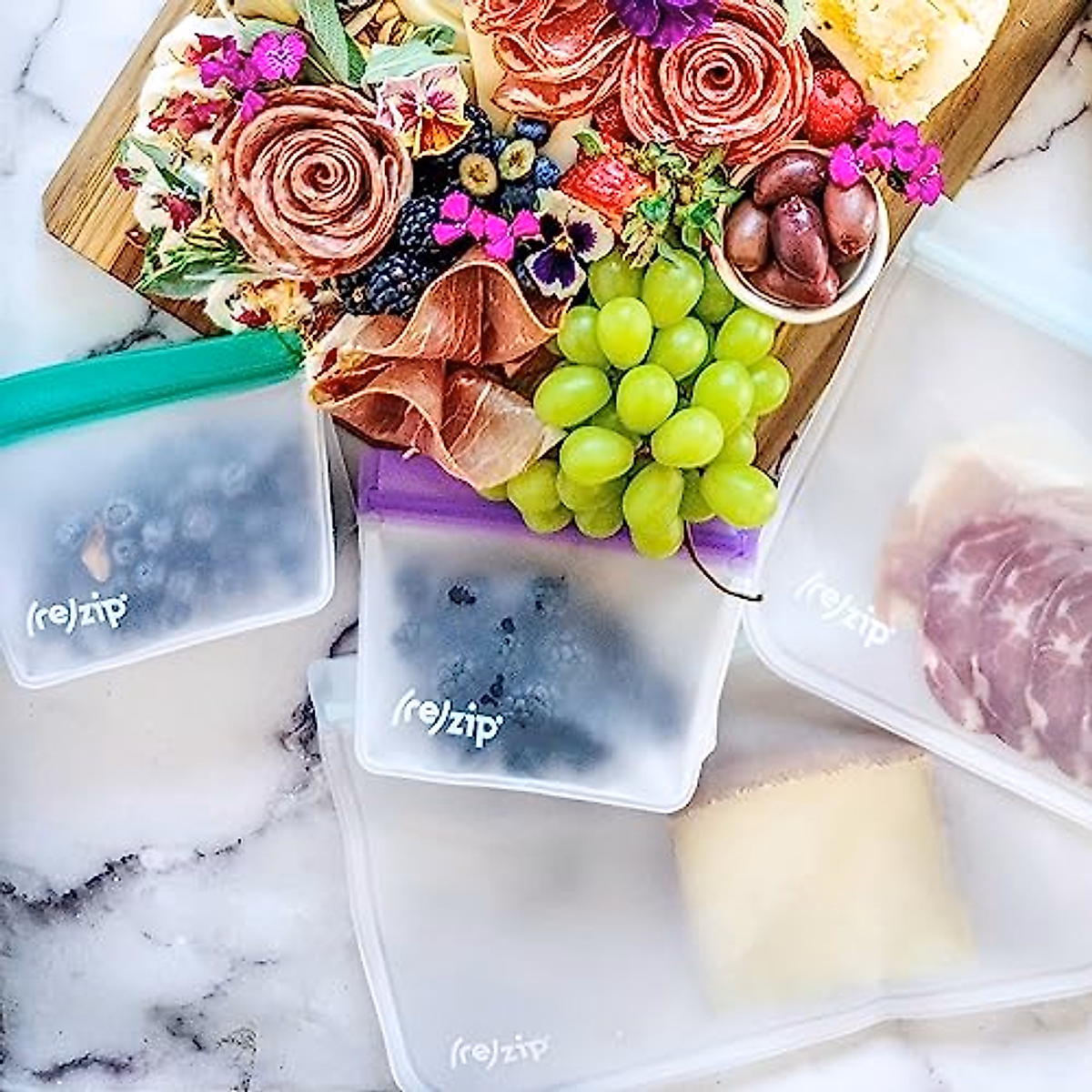 rezip 5-pack Stand-Up Reusable Bag Bundle | BPA-Free, Food Grade, Leakproof, Freezer and Dishwasher Safe | 5 Snack-Size Bags (1-Cup / 8-Oz) | Jewel Tones