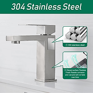 VOTON Brushed Nickel Bathroom Faucets Single Handle Modern Vanity Sink Faucet 1 Hole or 3 Hole with Deck Plate and Water Supply Hoses, Stainless Steel Bathroom Faucet Lead-Free
