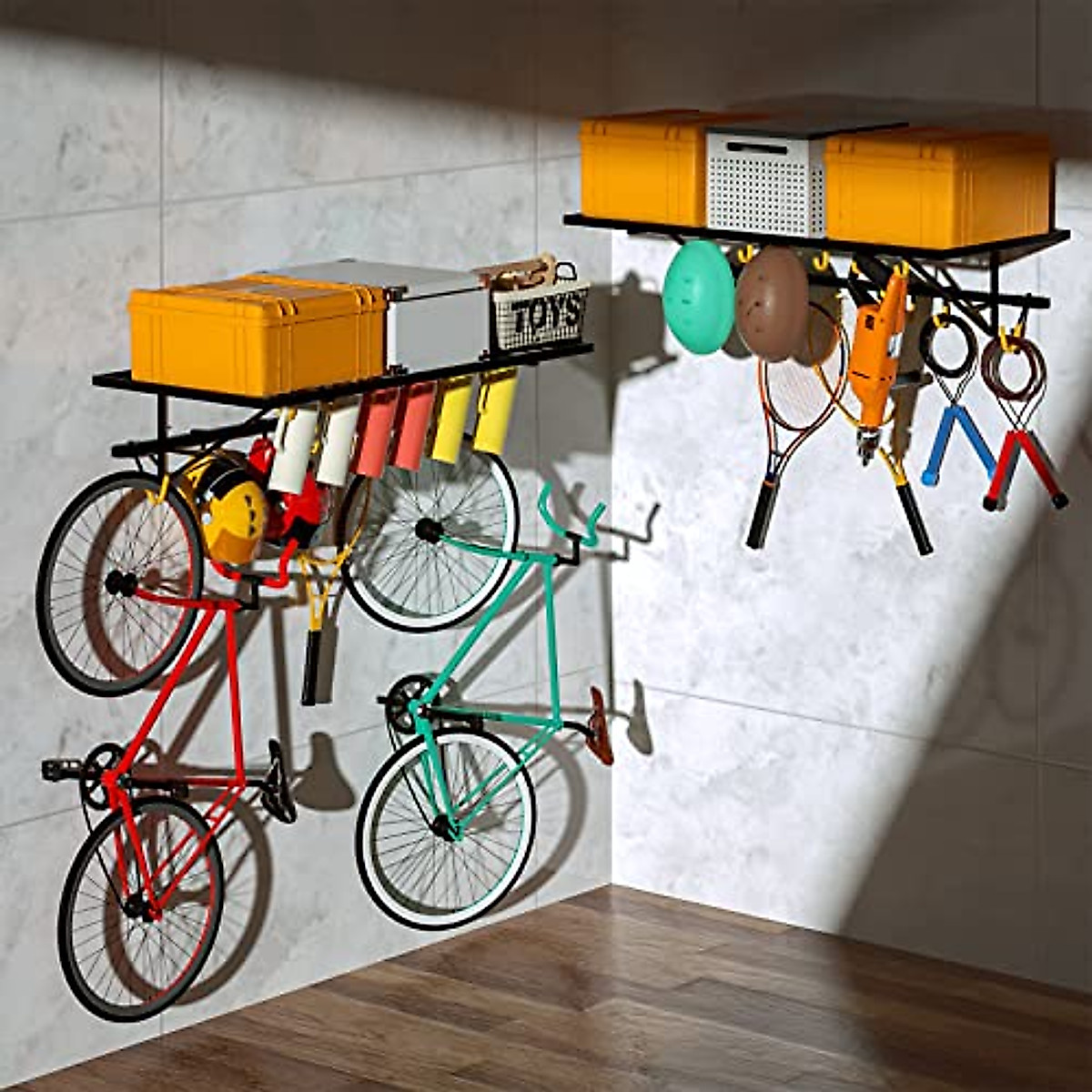 BMJX US Garage Shelves Garage Storage with Two Large Bike Hooks and 8 Small Hooks 31x15.5inch Powder Coated Steel Wall Frame Garage Organization（1 Pack）