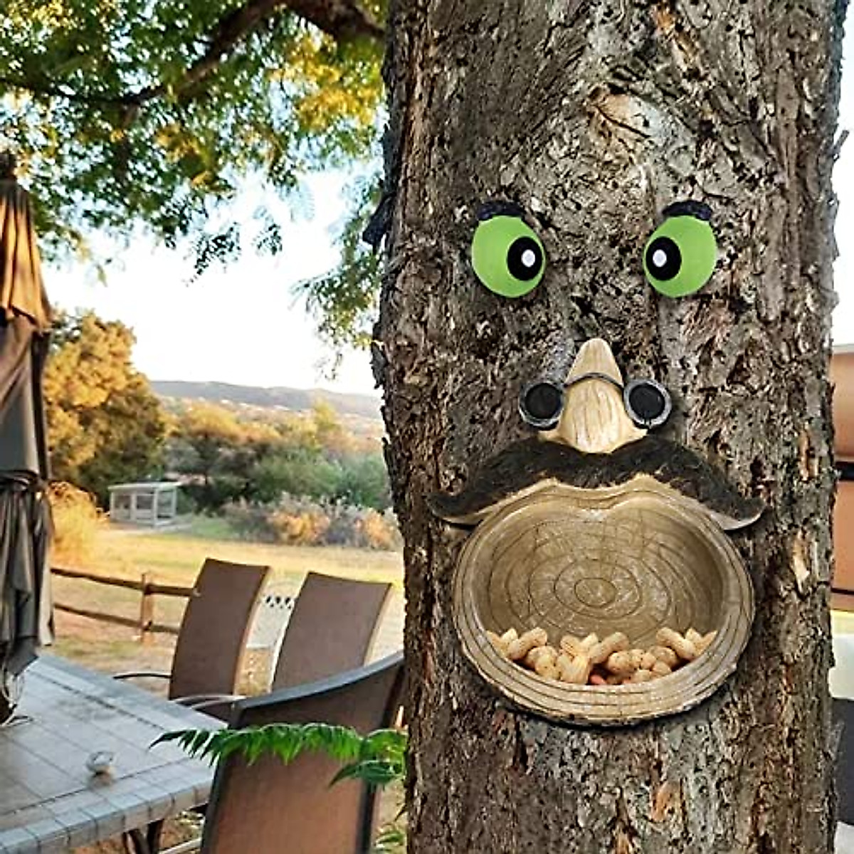 GARTOL Tree Face Birdfeeder - Old Man with Glowing Eyes in Dark Outdoor Tree Hugger Sculpture - Whimsical Garden Decoration and Wild Birdfeeder, Garden Peeker Yard Art