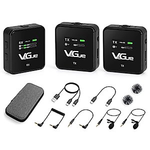 VeGue Wireless Lavalier Microphone System, 2.4GHz Dual Channel Wireless Lapel Mic with Noise Cancellation for DSLR Cameras, Camcorders and Phones, Lavalier Mic for TikTok, Interview and Recording