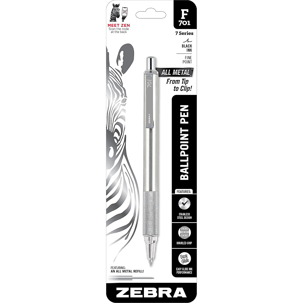 Zebra Pen F-701 Retractable Ballpoint Pen, Stainless Steel Barrel, Fine Point, 0.8mm, Black Ink, 1-Pack