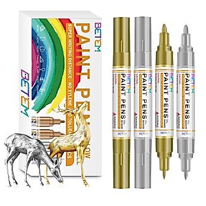 Betem Oil Based Paint Markers, Dual Tip Paint Pens(0.7mm & 3mm), Gold Silver Permanent Paint Marker Pen, Waterproof, Quick Dry, for Fabric, Rock Painting, Wood, Plastic, Metal, Canvas (2Gold2Silver)