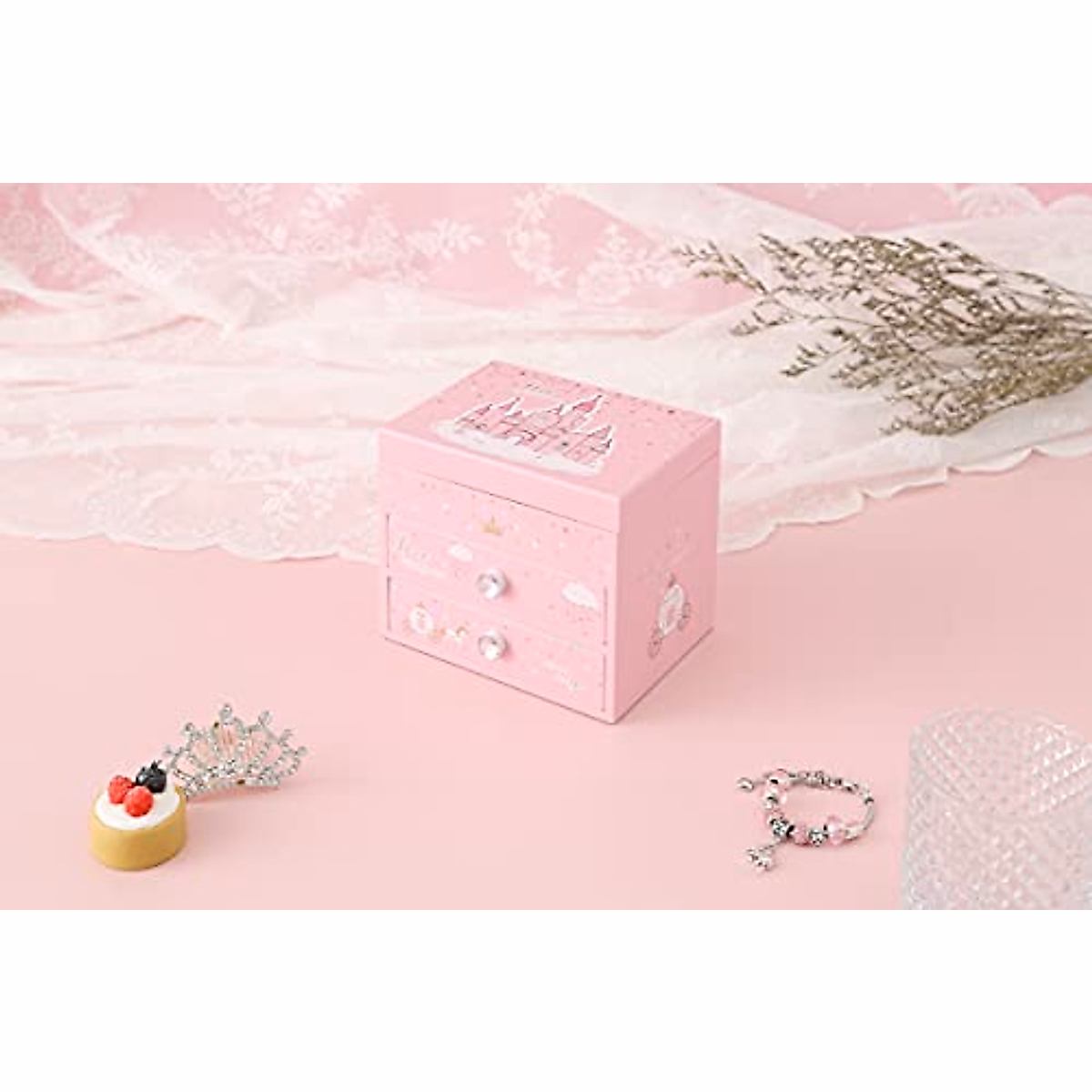 Agitation Unicorn/Princess Wooden Musical Jewelry Box for Girls with Unicorn/Princess Jewelry Set (Pink Princess2)