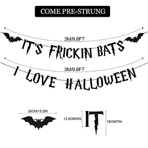 CAVLA Glitter It's Frickin Bats I Love Halloween Banner Black Glittery Halloween Garland Banner with Bat Signs Happy Halloween Party Decorations for Haunted Houses Home Wall Fireplace Party Supplies