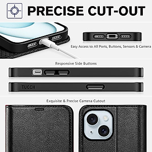 TUCCH Case for iPhone 15 Wallet Case, Kickstand [RFID Blocking] 4 Card Slots Protective TPU Interior Case, PU Leather Magnetic Shockproof Flip Cover Compatible with iPhone 15 6.1" 2023, Textured Black