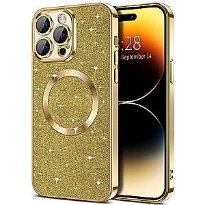 Hython for iPhone 14 Pro Case Glitter, Clear Magnetic Phone Cases with Camera Lens Protector [Compatible with MagSafe] Bling Sparkle Plating Soft TPU Shockproof Protective Cover Women Girls, Gold