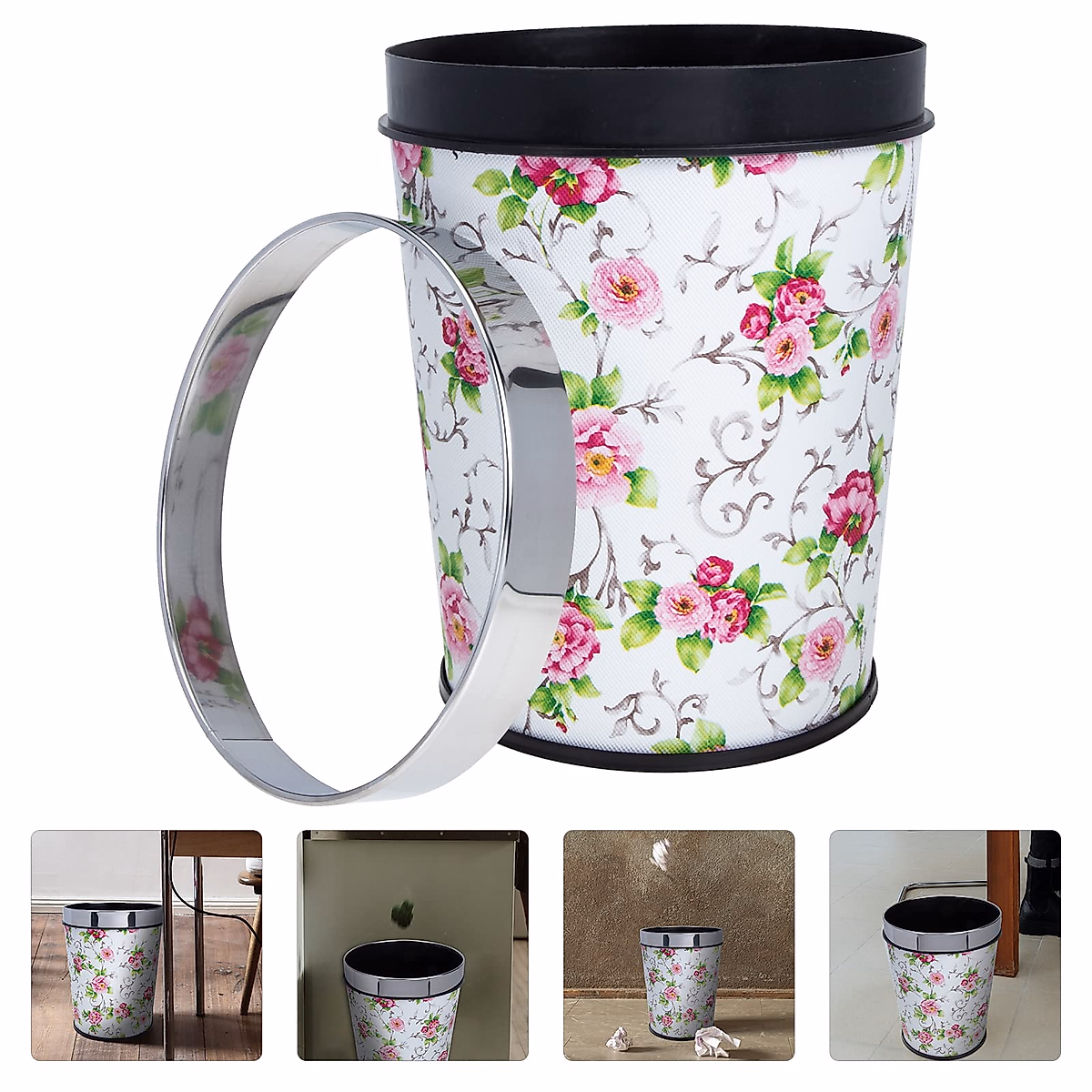 BESPORTBLE Large Laundry Hamper Trash Can Wastebasket Flower Garbage Bin for Bathroom Kitchen Bedroom Office Holds Trash Waste Garbage Recycling 6L Stainless Steel Trashcan