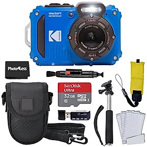 Kodak PIXPRO WPZ2 Rugged Waterproof Shockproof Digital Camera 16MP 4X Optical Zoom 1080P Full HD Video, 2.7" LCD (Blue), 32GB SD Card, Black Compact Camera Case, Floating Strap, Bundle (7 Items)