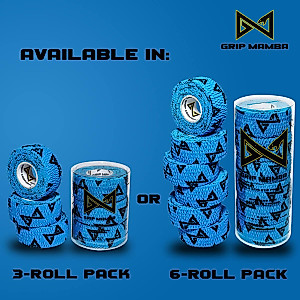GRIP MAMBA Elastic Athletic Finger Tape, 1”Wide w/Premium Adhesive, Protects Hand Thumb Fingers Enhances Grip, Sleeve Blister Wrap for Sports, Golf, Tennis, Basketball, Pickleball (Blue, 3 Rolls)