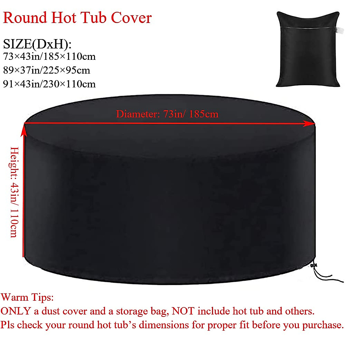 UCARE Hot Tub Cover Waterproof Outdoor Portable Round Inflatable Hot Tub Spa Cover Protector Bathtub Pool Garden Furniture Dust Covers (91×43in/ 230×110cm)