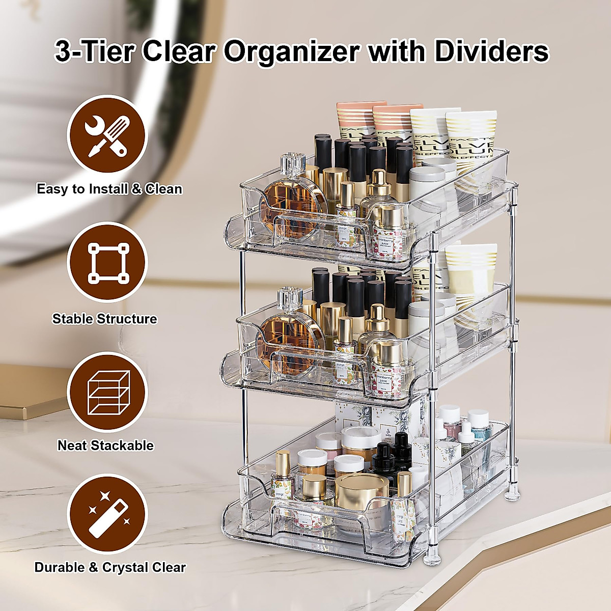 KELLODY 3 Tier Bathroom Storage Organizer with Dividers, Clear Under Sink Organizers and Storage Multi-Purpose Pull Out Cabinet Organizer for Bathroom Kitchen, Vanity Makeup Organizer
