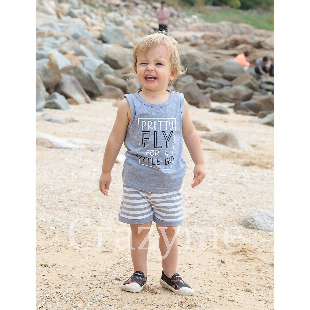 Crazyme Toddler Baby Boy Clothes Outfits Sleeveless Tops Striped Shorts Summer Baby Boys Clothes Set (Grey, 18-24 Months)