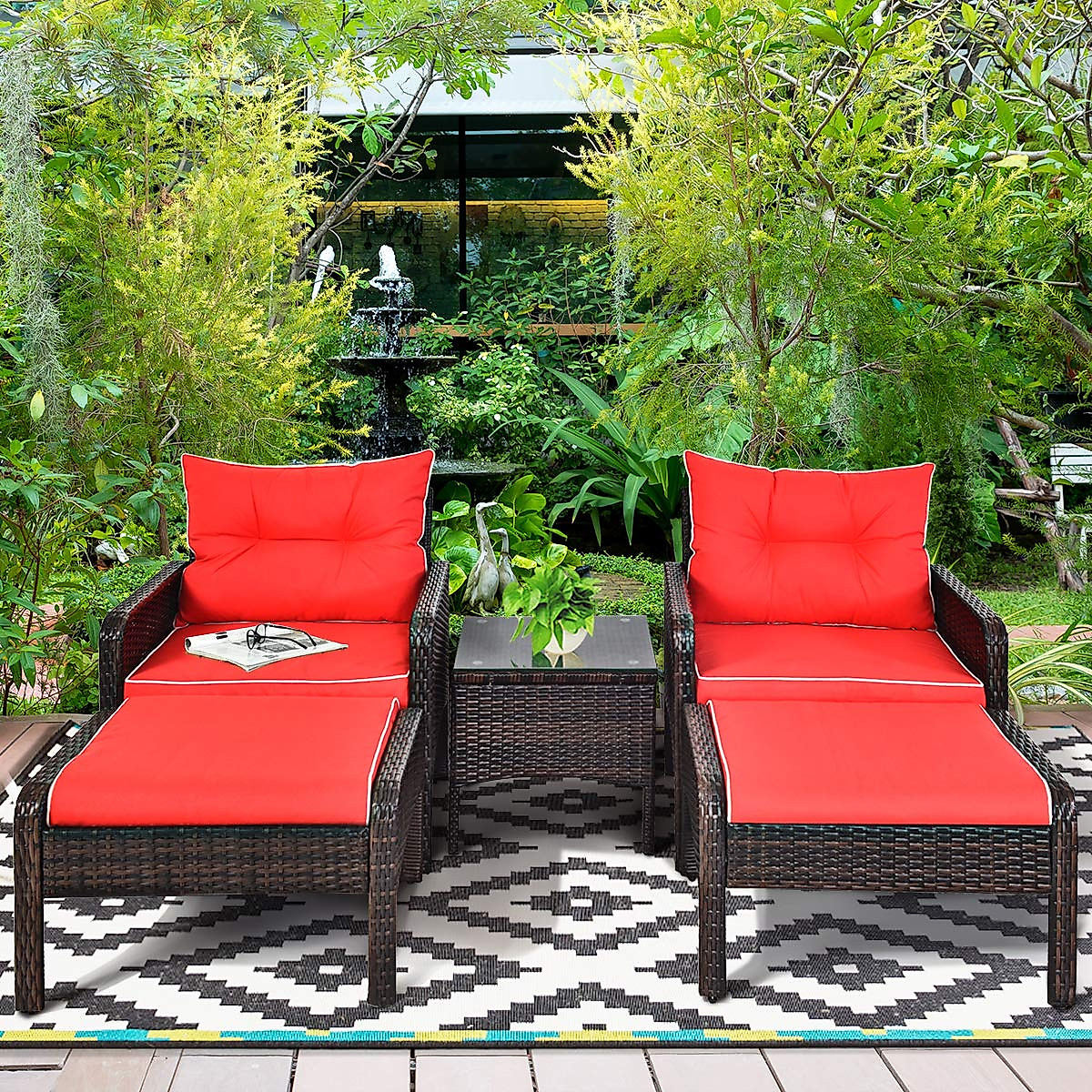 Tangkula Wicker Furniture Set 5 Pieces PE Wicker Rattan Outdoor All Weather Cushioned Sofas and Ottoman Set Lawn Pool Balcony Conversation Set Chat Set
