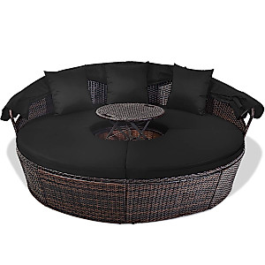 HAPPYGRILL Patio Daybed with Canopy Outdoor Furniture Set Sofa Set Rattan Wicker Round Daybed with Soft Cushions Coffee Table for Patio Backyard Poolside