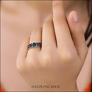 Dazzlingrock Collection 5 MM Center Round Lab Created Emerald with Natural Black Diamond Three Stone Engagement Ring Set for Women | 925 Sterling Silver, Size 5.5