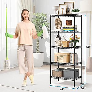 5-Tier Wire Shelving Unit Storage Shelves Heavy Duty Metal Shelf 24"L x 14"W x 60"H Utility Steel Organizer Rack NSF Garage Shelving with Leveling Feet for Kitchen, Garage, Bathroom, Laundry, Black